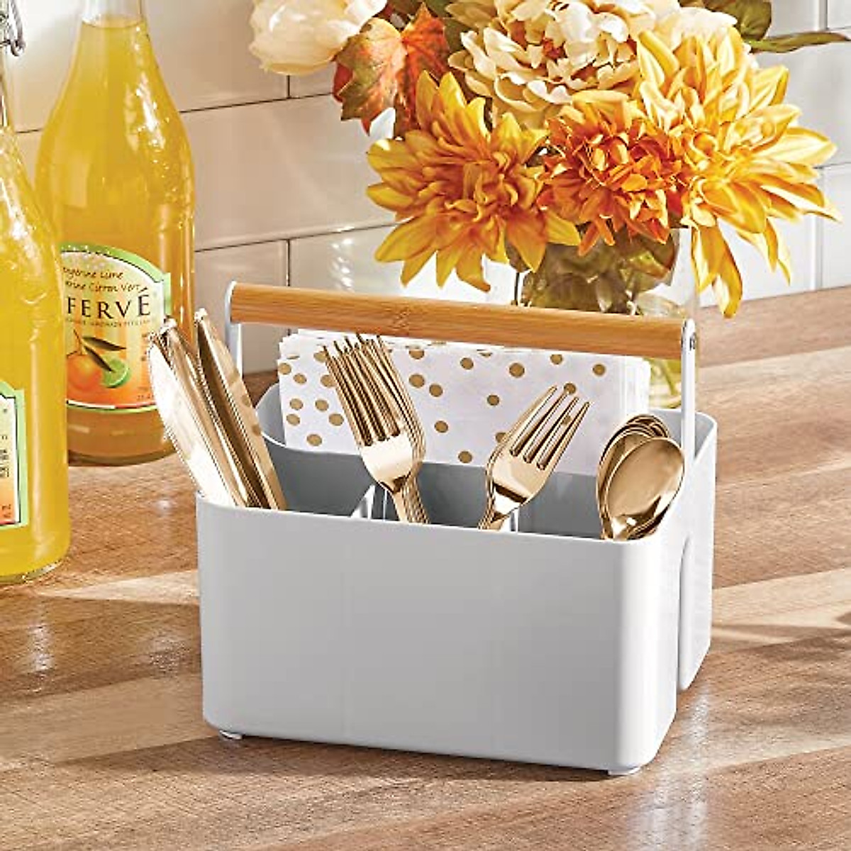 mDesign Plastic Portable Storage Organizer Kitchen Caddy Tote, Divided Bin with Wood Handle for Napkins, Silverware, Forks, Knives, Spoons - Store in Cabinets, Countertops - Gray/Natural