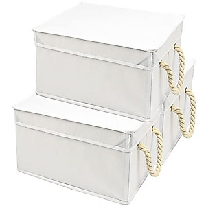 Casaphoria 3pcs Cube Collapsible Fabric Storage Bins with Rope Handles,Thicker Foldable Rectangular Canvas Storage Box with Lid for Shelves Organizing,Closet Storage Baskets Stackable for Wardrobe