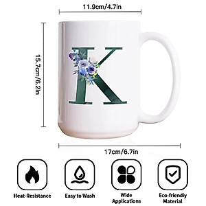 Christmas Funny White Ceramic Coffee Mug 15oz Blue Floral Green Initial Letter K Monogram Alphabet Coffee Cup Humorous Tea Milk Juice Mug Novelty Gifts for Xmas Colleagues Girl Boy