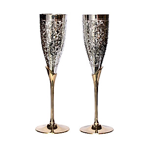 SIMCS HANDICRAFTS Royal Handmade Engraved Silver Plated Brass Champagne Flutes Set of 2 Wine Goblets for Valentine Wedding Christmas Housewarming Gifts with Presentation Velvet Bags