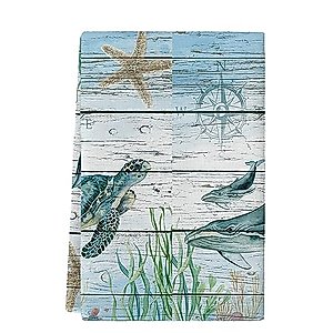 Kitchen Towels Sea Whale Starfish Absorbent Tea Towel Soft Hand Dish Towel Rustic Wood Ocean Compass Blue Reusable Washable Cleaning Cloth Bath Towels for Bathroom Bar for Everyday Cooking (Pack of 1)