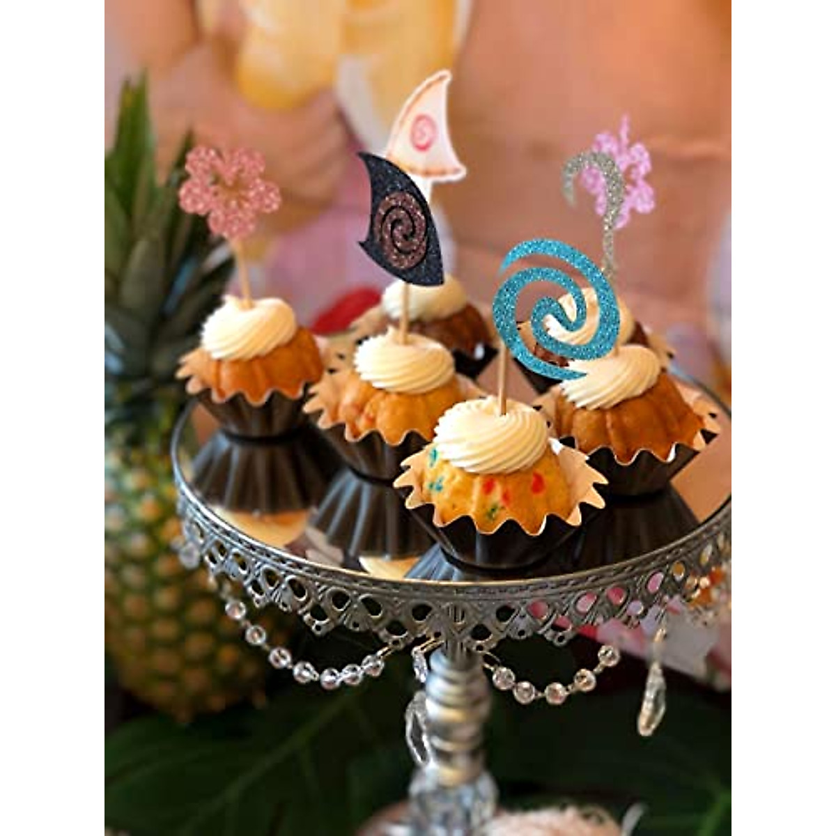 30 Pcs JeVenis Glittery Moana Inspired Cupcake Toppers Moana Cake Toppers Hawaiian Birthday Party Decoration for Tropical Luau Summer Party Baby Shower Wedding