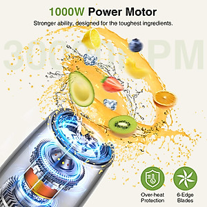 KOIOS Smoothie Blender, Max 1000w Personal Blender for Shakes and Smoothies, 12Pcs Coffee Grinder and Countertop Blenders Combo for Kitchen, Portable Smoothie Blenders with 2x22 oz To-Go Cups, Non-BPA