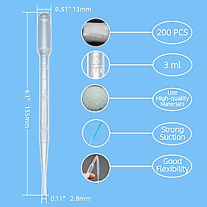 Atdcoek 200 PCS 3ml Disposable Pipette, Pipettes Dropper for for Essential Oils, Resin, Crafts, Labs, Kids Activities - Droppers, Plastic Pipettes
