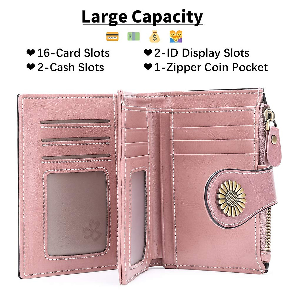 Women Wallet Pouch Purse Genuine Leather Bifold ID Window Credit Debit Card Holder RFID Protected with Gift Box (Pink)