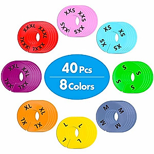 40 Pack Round Colorful Plastic Clothing Size Closet Rack Dividers Hangers, 8 Assorted Colors, Preprinted in 8 Sizes XXS, XS, S, M, L, XL, XXL, XXXL (Outer 3.5”, Inner Diameter 1.38”)