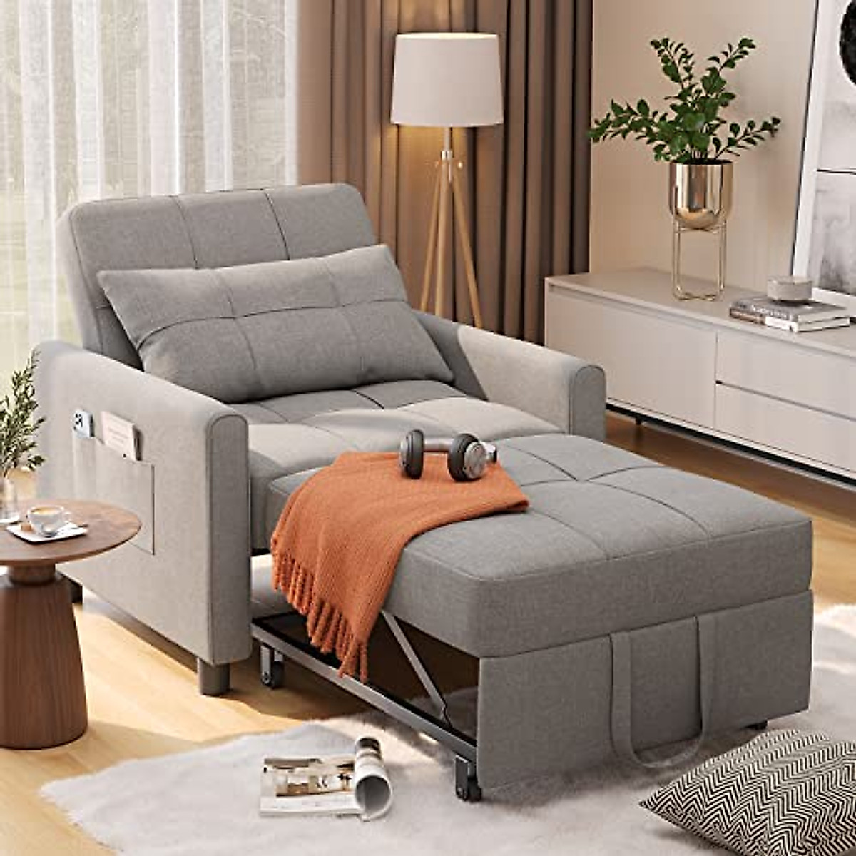 Convertible Sleeper Sofa Chair Bed, 3-in-1 Single Convertible Chair Bed, Adjustable Chair with Pillow and Pocket, Multi-Functional Sleeper Chair with Modern Linen Fabric for Apartment, Light Gray