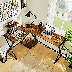 GreenForest L Shaped Desk 58” Reversible Corner Computer Desk with Movable Shelf and CPU Stand, Gaming Desk with Sturdy X Leg Space Saving Home Office Workstation Table, Walnut