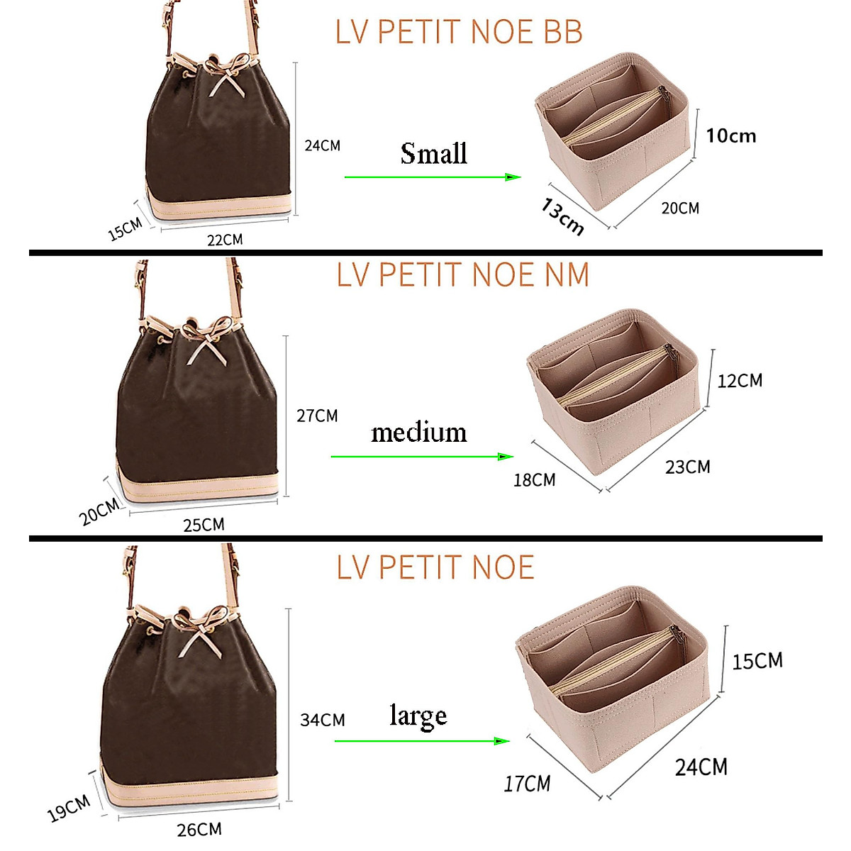 Lckaey Purse Organizer for NOE inner bag NOE BB bucket bag Petit NOE NM storage bag small zipper insert3053khaki-L