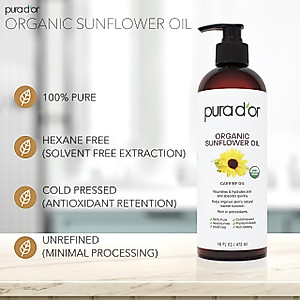 PURA D'OR 16 Oz ORGANIC Sunflower Seed Oil - 100% Pure & Natural USDA Certified Cold Pressed Carrier Oil For DIY Beauty - Unscented, Hexane Free Liquid Moisturizer - Face Skin & Hair - Men & Women