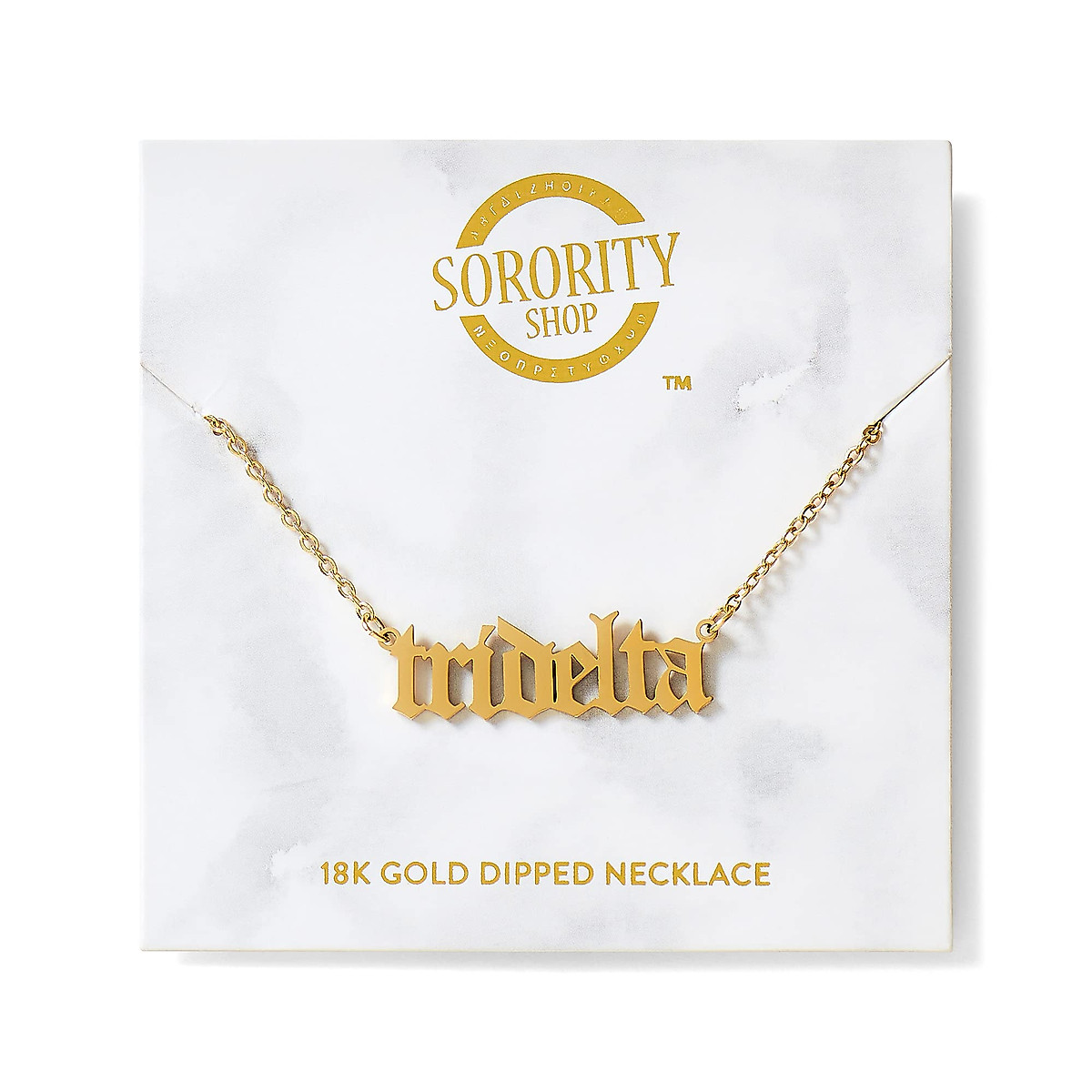 Sorority Shop Delta Delta Delta Necklace — DDD Old English Font Design, 18K Gold Plated, Tri Delta Gifts for Women