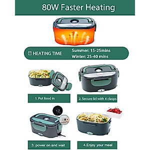 Andmenow 80W Faster Electric Lunch Box, Home Office Truck Car Food Warmer, Portable Food Heater with 304 Stainless Steel Container, Spoon & Fork and Carry Bag (GreyGreen)