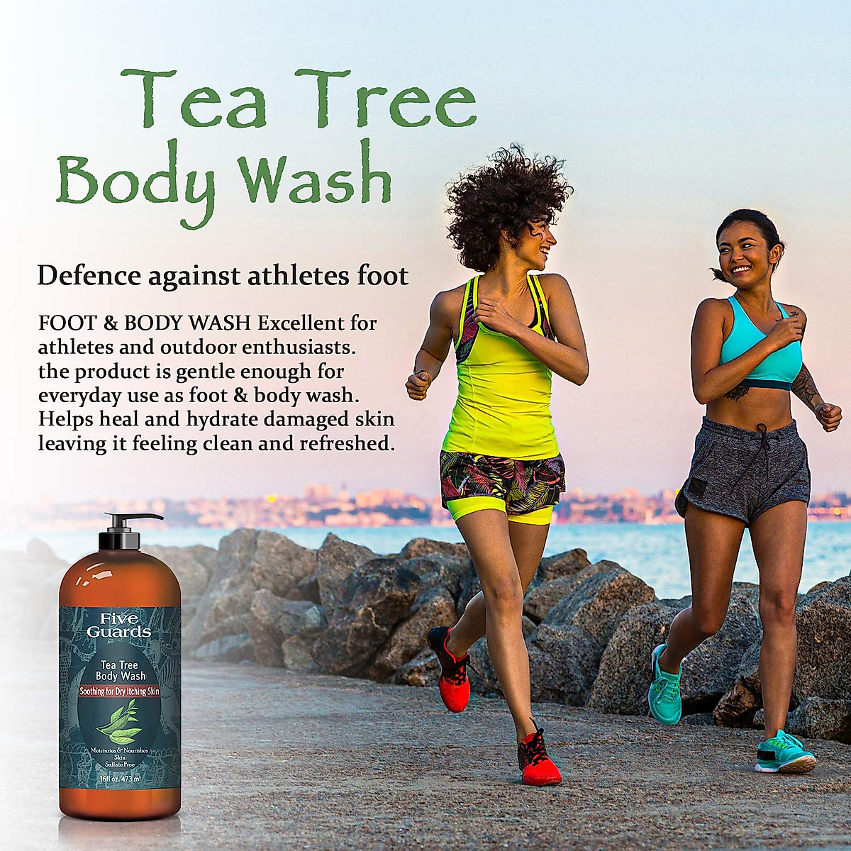 FIVE GUARDS Tea Tree Oil Body Wash With Mint Removes Body Odor, and more. Botanical Shower Gel Soap Women & Men with Oregano, Rosemary, Cinnamon oil - 16 fl oz