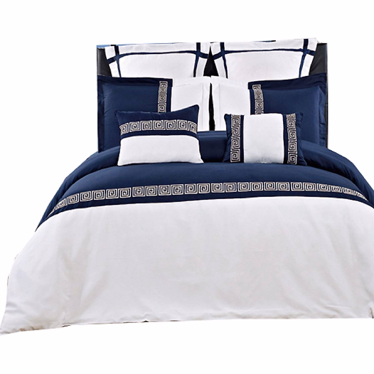 sheetsnthings Embroidered Astrid 100-Percent Microfiber, 7PC King/Cal-King Duvet Cover Set, Navy with White