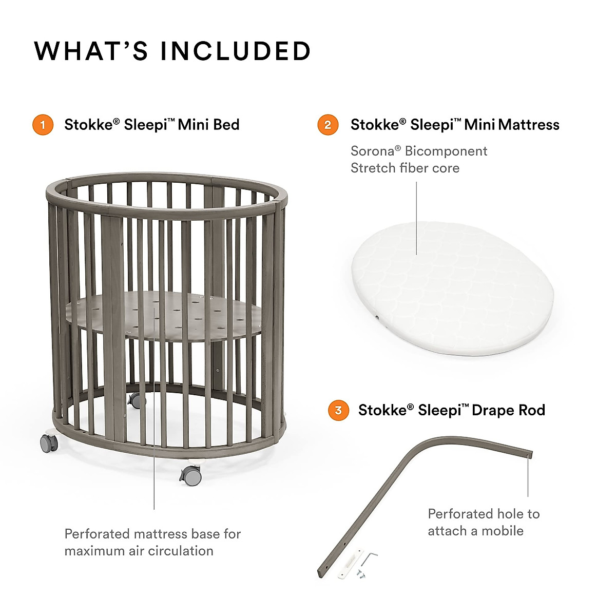 Stokke Sleepi Mini Bundle, Hazy Grey - Includes Crib/Bed, Mattress & Drape Rod - Suitable for Ages 0-5 Years Old - Adjustable & Stylish