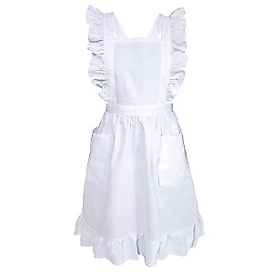 LilMents Long Maxi Cotton Ruffle Apron with Pockets, Small to Plus Size Ladies (White)