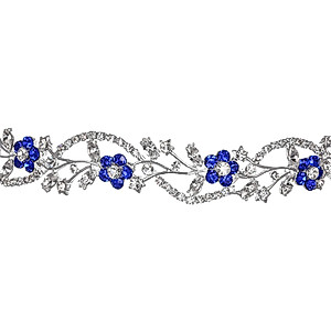 Bridal Flower Rhinestones Crystal Wedding Headband Tiara - Blue Crystal Silver Plated T1164
