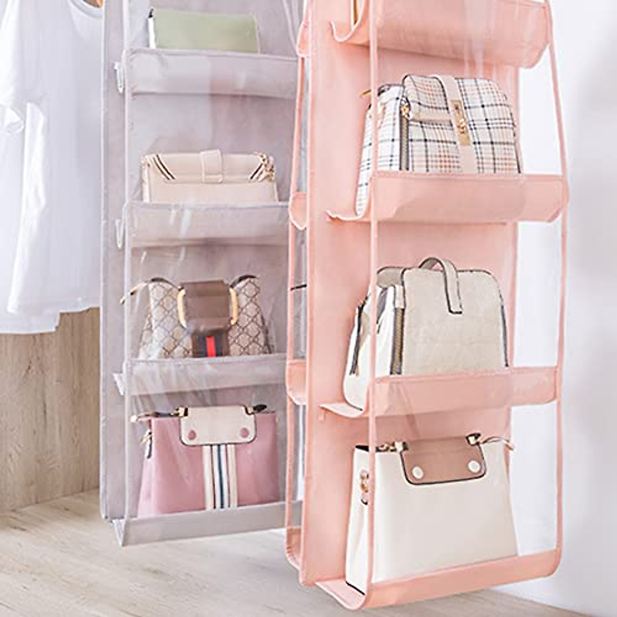 Wisdomcreate 2pcs 8 Pockets Hanging Purse Handbag Organizer Clear Hanging Shelf Bag Collection Storage (Pink*2)