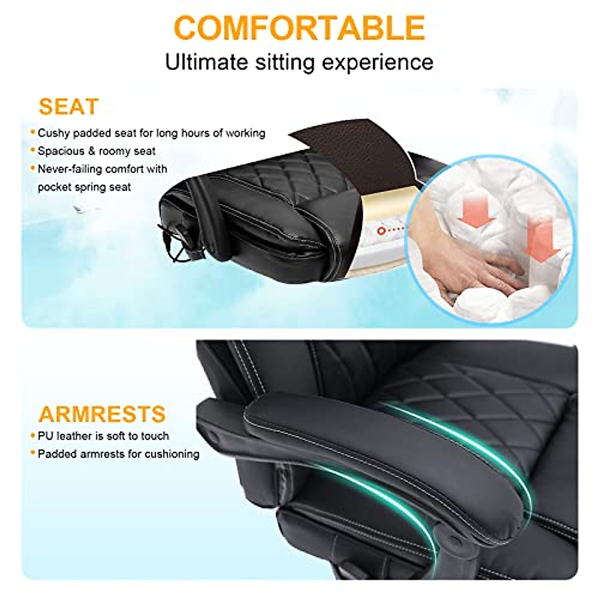 HOMREST 6-Point Massage Office Chair,Heated Executive Chair,Ergonomic Home Office Desk Chair,PU Leather with Retractable Footrest,Adjustable Armrest & Head Support(Black)