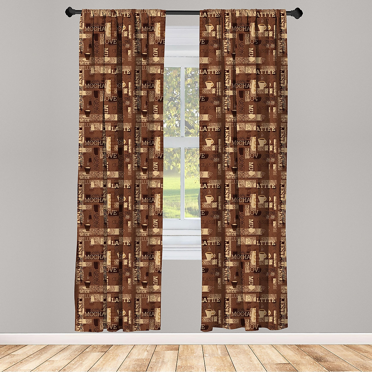 Ambesonne Coffee Window Curtains, Cafeteria Pattern with Hot Mocha Latte Milk Love Typography on Scribble Backdrop, Lightweight Decor 2-Panel Set with Rod Pocket, Pair of - 28" x 84", Beige Brown