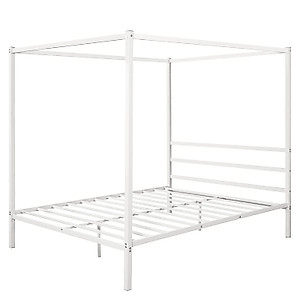 Metal Framed Canopy Platform Bed with Built-in Headboard,No Box Spring Needed, Classic Design, Queen,White