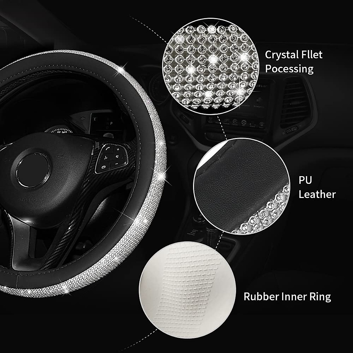 Diamond Bling Steering Wheel Cover for Women Universal Fit 15 Inch, Sparkly Car Wheel Protector with Bling Cup Holder Insert Coasters Rhinestone Ring Emblem, 5 Pack Car Interior Accessories
