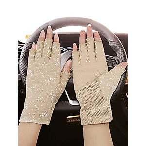Maxdot 1 Pair Women Sunblock Fingerless Gloves Summer Driving Gloves Girls Non Slip UV Protection Gloves for Outdoor (Khaki)