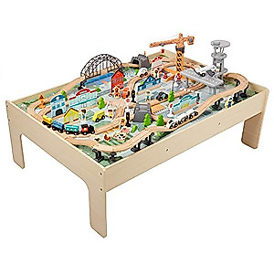 Amazon Basics 120 Piece Wooden Train Set and Table-kids Gift for Age 3Y+, Multi, 48.62 x 18.07 x 7.01 inches