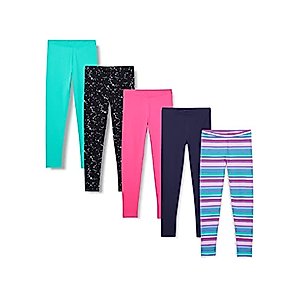 Amazon Essentials Girls' Leggings, Pack of 5, Aqua Green/Black Stars/Navy/Pink/Stripe, Medium