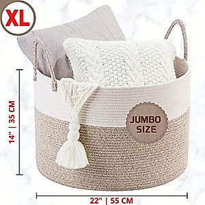 MINTWOOD Design Extra Large 22 x 14 Inches Cotton Rope Blanket Basket Living Room, Woven Laundry Basket, Toy Storage Baskets Bin, Decorative Round Pillow Towel Basket with Handles