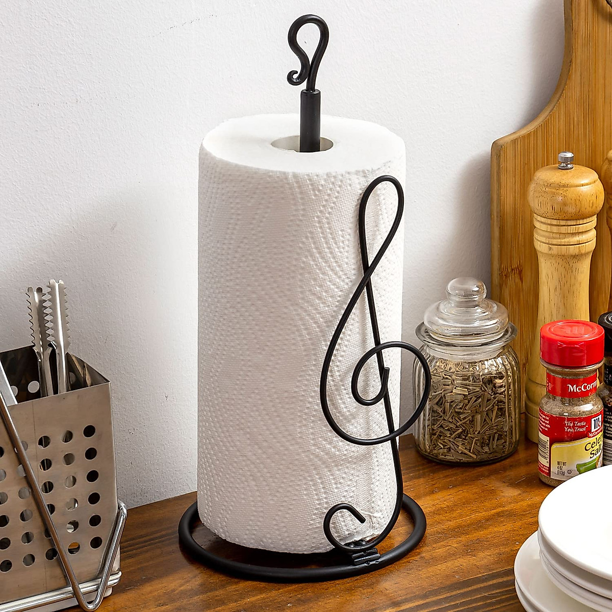 MyGift Matte Black Metal Kitchen Paper Towel Holder Dispenser Rack with Treble Clef Music Symbol Design