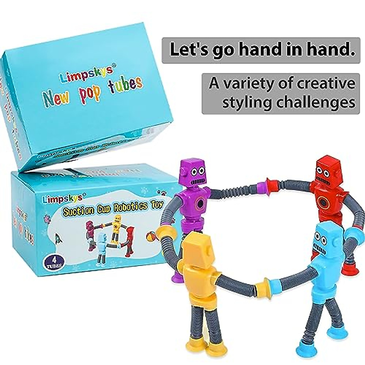 Limpskys 4 Pack Suction Cup Robot Toy,Robot Toys,Robot Toys for Kids 3-5 5-7,pop Tubes Robots,Suction Cup Toys,Road Trip Toys,Mini Robot,Telescopic Suction Cup Animal Toys