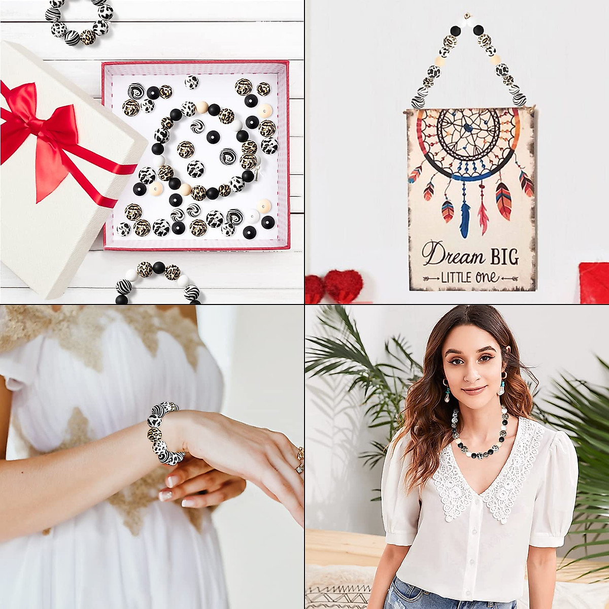 121Pcs Silicone Beads 12mm Necklace Silicone Beads Keychain Earring Making Leopard Cow Print Silicone Round Beads and 15mm Round Shaped Beads for Jewellery Making DIY Crafting