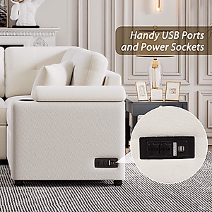 P PURLOVE Sectional Sofa with Pull-Out Sofa Bed, Boucle L-Shape Sleeper Sofa with Wheels, USB Charging Port and Power Sockets, Modern Upholstered Couch for Living Room, Bedroom, Apartment (Beige)