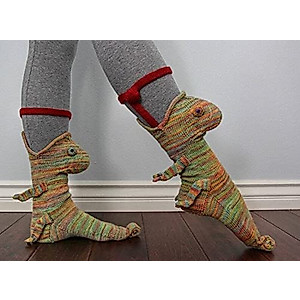 HHAMZONE 1 Pair Knit Crocodile Socks for Women and Men, Christmas Novelty 3D Creative Cartoon Animal Socks (Chameleon)