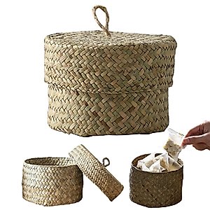 QmjdDymx Small Seagrass Storage Baskets with Lid Straw Round Storage Box with Handle Wicker Basket Home Organization for Snack, Keys Desktop Decor