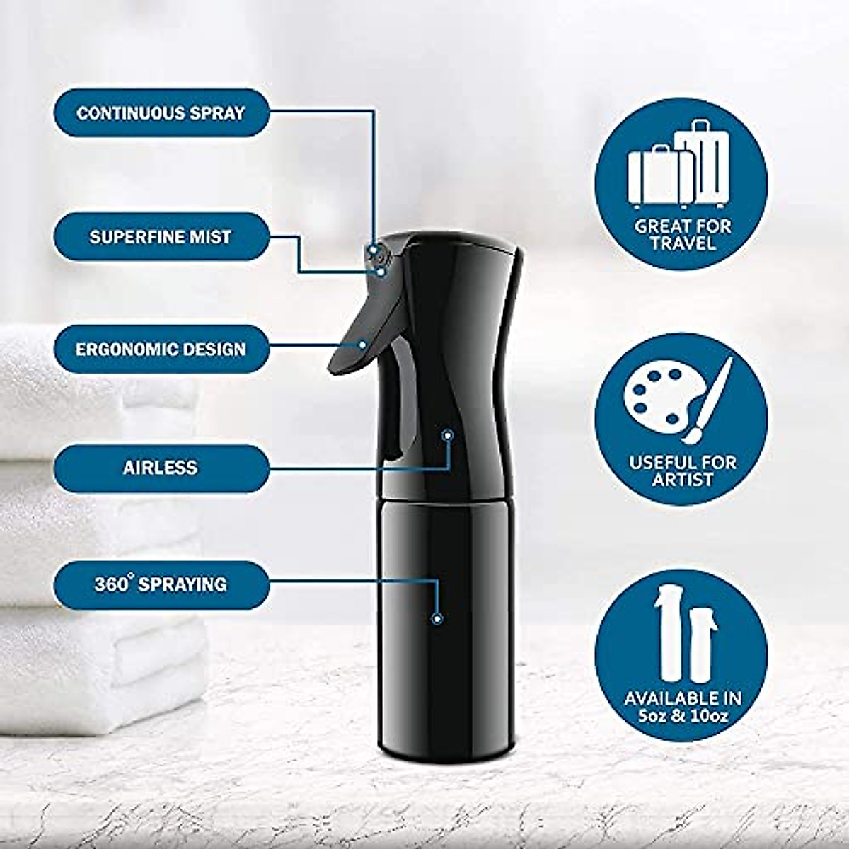 BeautifyBeauties Continuous Mist Spray Bottle for Hair, Plant - Black, 5 Ounce (3 Pack)