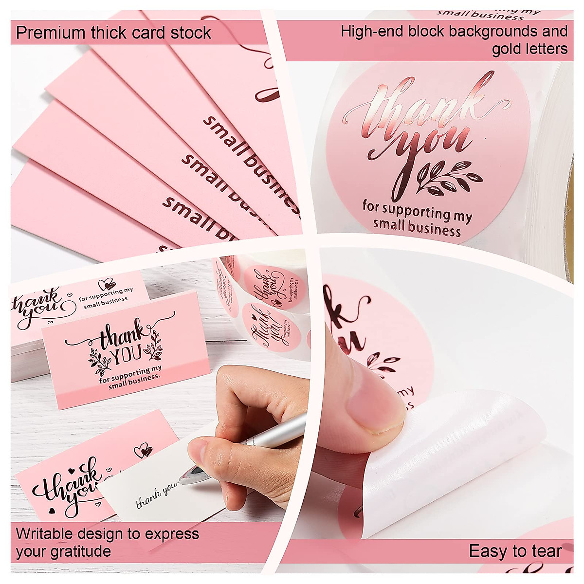 600 Pieces Thank You Cards and Stickers Set Pink Gold Foil Thank You For Supporting My Small Business Cards and Sticker Set for Retail Store Package Insert Envelope Seals Business Owner Sellers