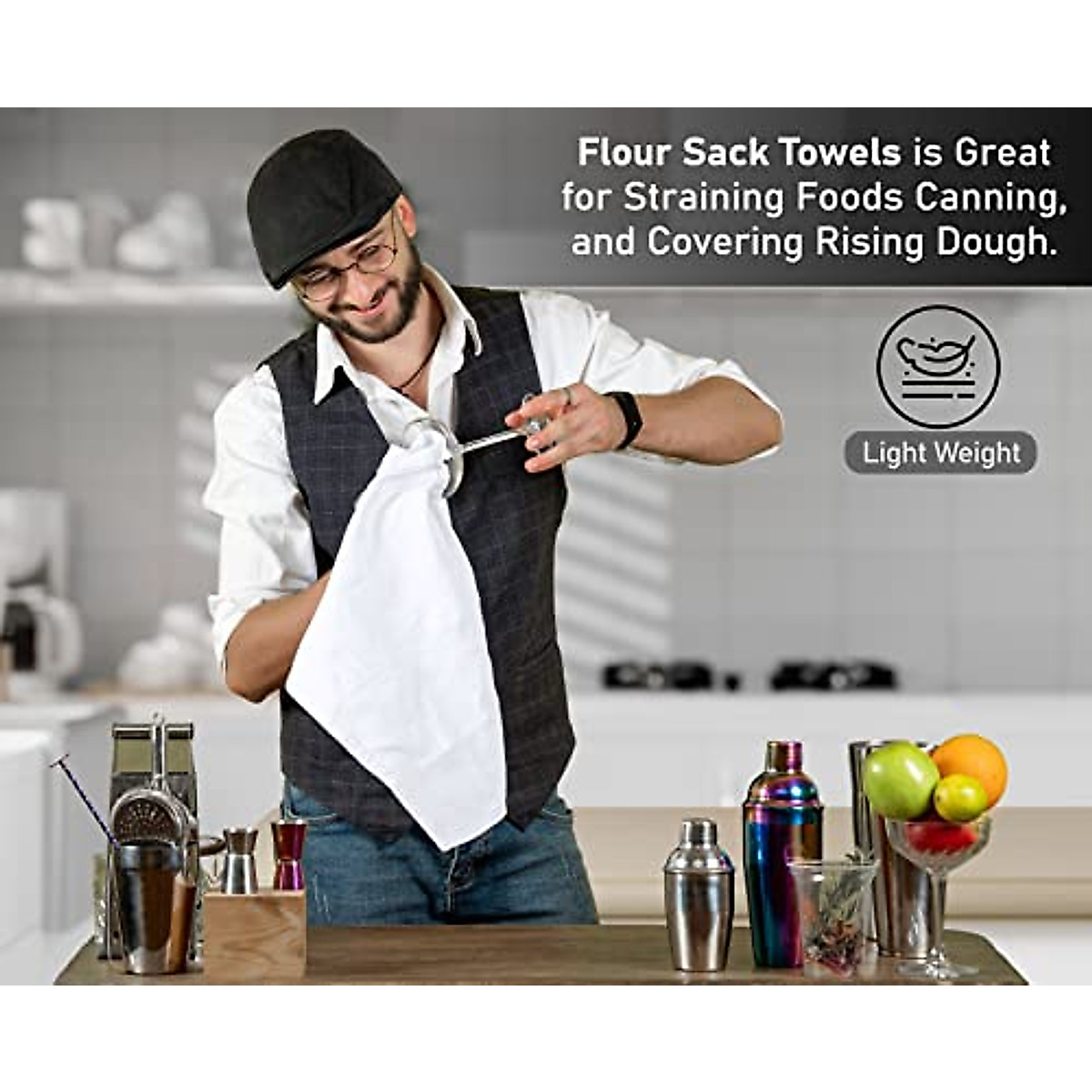 RUVANTI Flour Sack Towels 12 Pack 28"x28", Ring Spun 100% Cotton Flour Sack Dish Towels, Machine Washable, Absorbent Tea Towels - Flour Sack Kitchen Towels for Drying & Cleaning - White