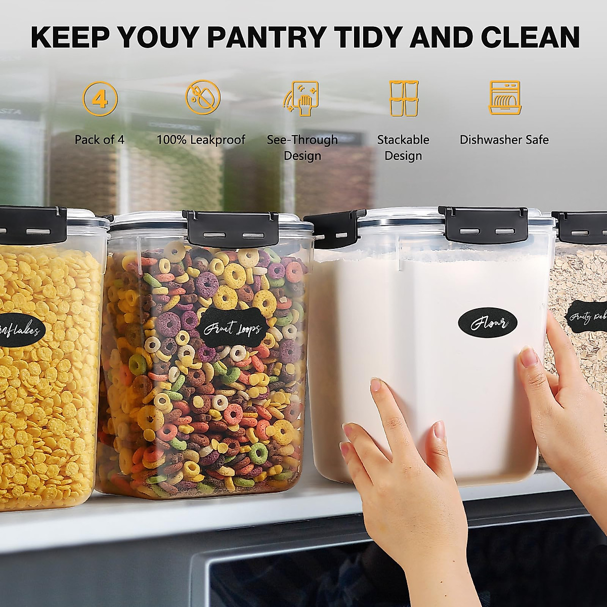 YASHE Large Food Storage Containers with Lids (5.3L/179oz, 4Pack), BPA-Free Airtight Plastic Food Containers, Flour, Sugar, Rice Canisters for Kitchen & Pantry Organization