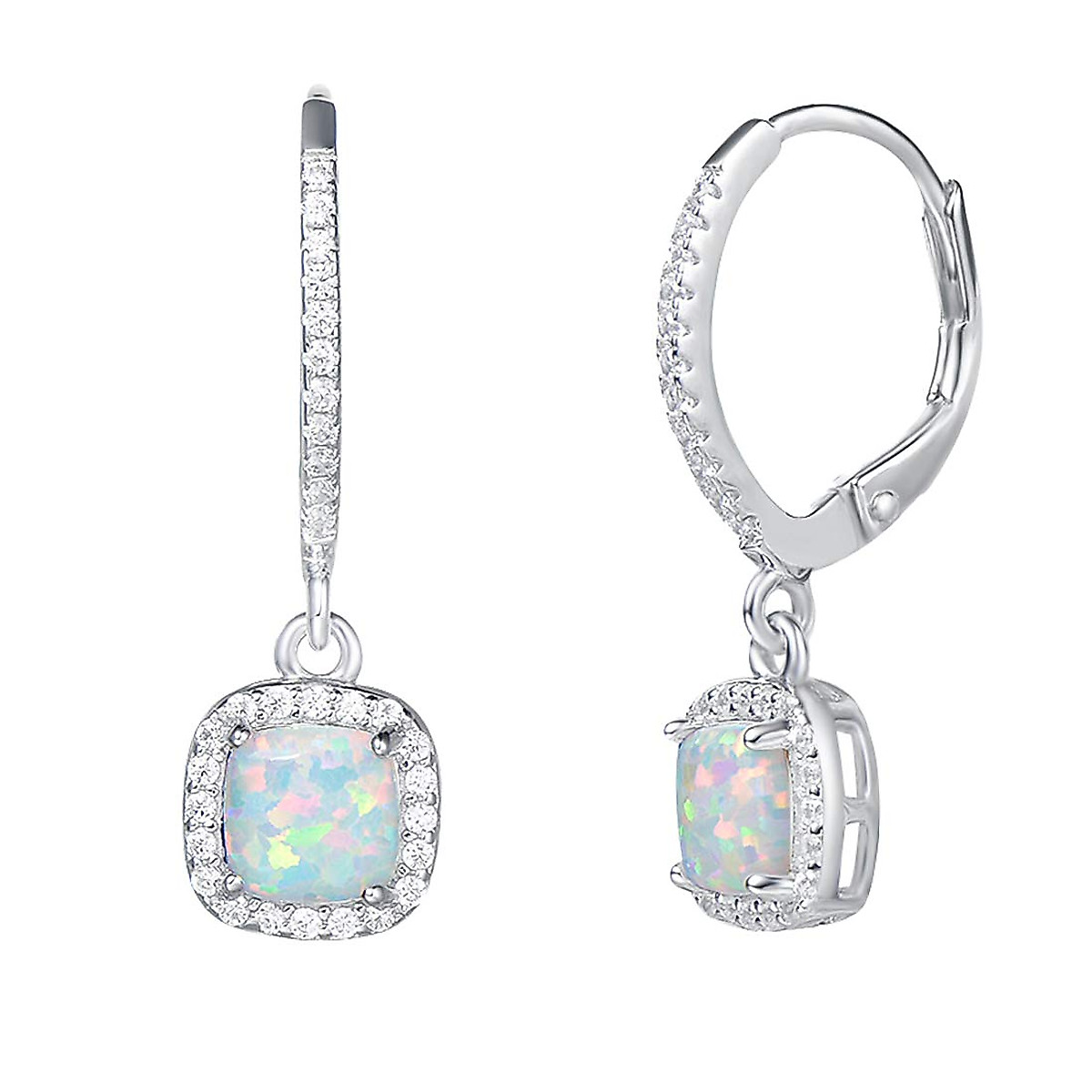FANCIME Lever Back Earrings Created Opal October Birthstone Earrings Sterling Silver White Fire Opal Halo Cubic Zirconia Square French Back Earrings Jewelry for Women