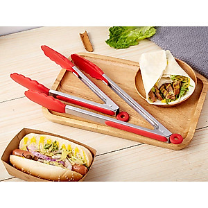 HiramWare Kitchen Tongs Set of 2 – 9 inch & 12 inch – Stainless Steel Food Tongs with Silicone Tips – Premium Locking Non-stick Tongs for Cooking, BBQ, Grilling, Salad - Heavy Duty, BPA Free(Red)