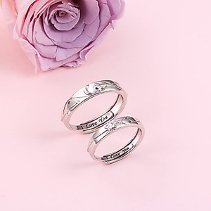 Matching Rings for Couples 925 Sterling Silver Adjustable Couple Rings Carved I LOVE YOU Promise Wedding Rings Set for Him and her Moon and star Jewelry Gift