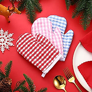 12 Pcs Kids Oven Mitts Children Heat Resistant Kitchen Mitts Checkered Kitchen Oven Gloves Kids Kitchen Mittens for Safe Cooking Baking Microwave Child Play BBQ Grilling, Age 2-10 (Red, Pink, Blue)