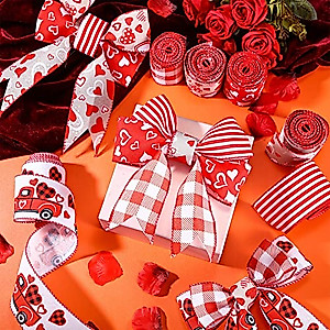 6 Rolls 30 Yards Valentine's Day Ribbons 2.5 Inches Hearts Love Red Wired Edge Ribbon Plaid Truck Burlap Ribbons Gift Wrapping Ribbon Fabric Ribbon for DIY Craft Wedding Party Wreath Bows Decoration