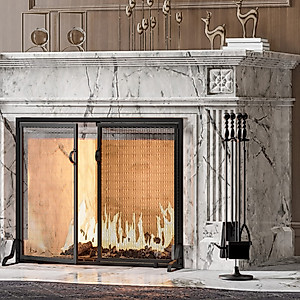 Kingson Fireplace Tools Set 30.7" 5 Pcs Heavy Duty Wrought Iron Fire Place Accessories Set Fireplace Tools Outdoor Fire Pit Tools Indoor Fireset Poker Tongs Brush Shovel-Black