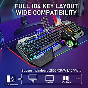 Wireless Gaming Keyboard and Mouse with Rainbow LED 16RGB Backlit Rechargeable 4800mAh Battery Metal Panel Mechanical Ergonomic Feel Waterproof Dustproof 7 Color Mute Mice for Laptop PC Gamer(Black)