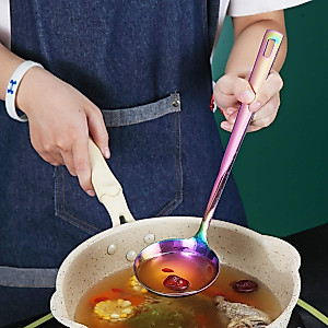 HOMQUEN Ladle, Stainless Steel Kitchen Ladle with Titainium Rainbow Plating, Soup Ladle, Cooking Ladle, Metal Soup Spoon for Cooking, Dishwasher Safe