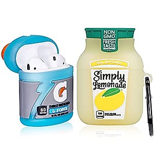 WowChic for Airpod 1/2 Case Silicone 2 Packs, Cute 3D Cartoon Kawaii Food Fun Funny Design Unique Shell Air pods Cover for Girls Kids Boys Teen Cases for AirPods 1/2 (Lemonade+Blue Drink)