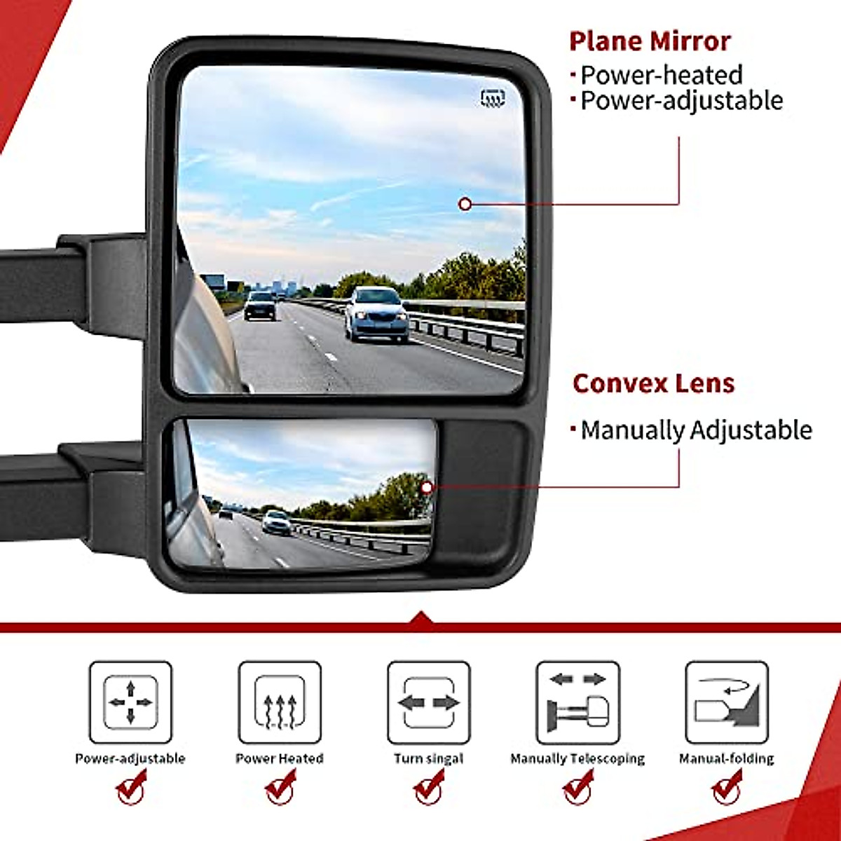 YITAMOTOR Towing Mirrors Compatible for 99-07 Ford F250/F350/F450/F550 Super Duty, 01-05 Excursion Pair Set Extendable Smoke Power Heated with Signal Light Side Mirrors
